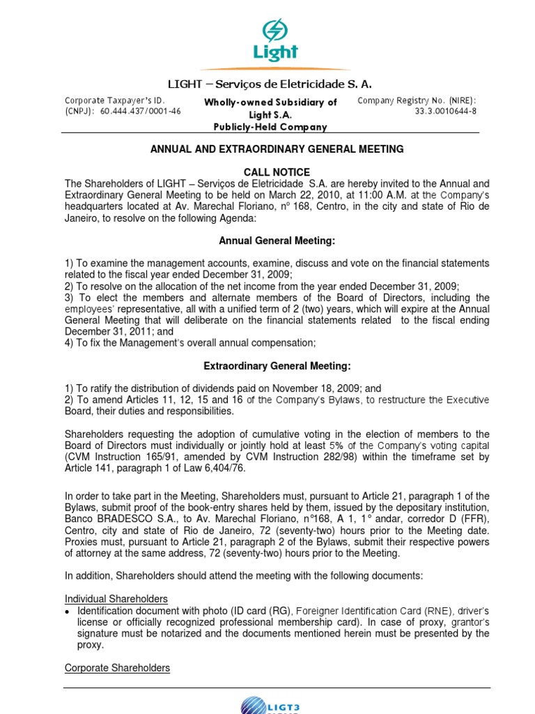 Call Notice | PDF | Board Of Directors | Identity Document