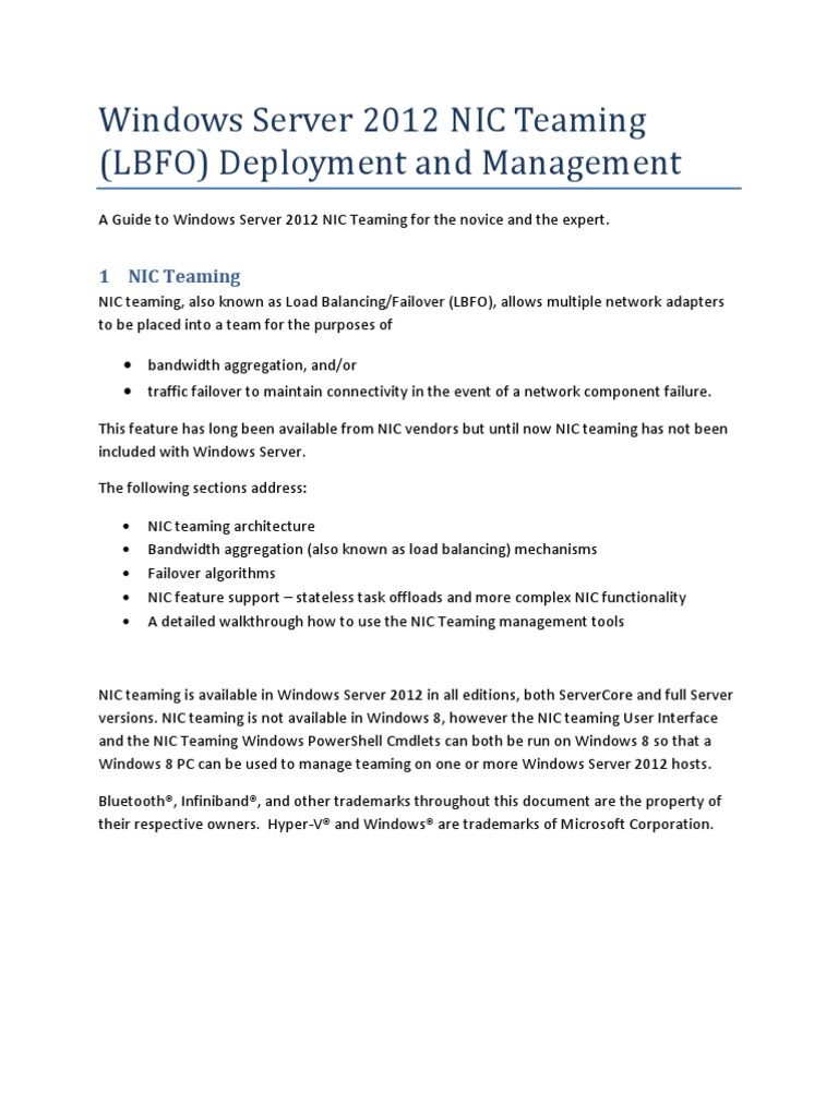 (Windows Server 2012 NIC Teaming (LBFO) Deployment and Management) | PDF | Hyper V | Network ...