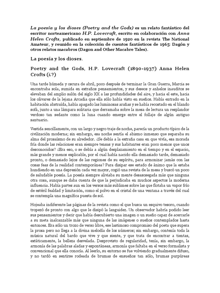 La Poesía y Los Dioses - H.P. Lovecraft-Anna Helen Crofts | PDF | Zeus ...