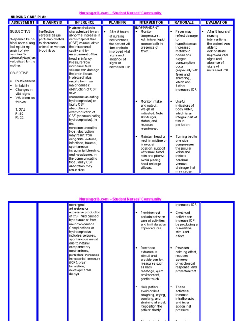NURSING CARE PLAN - Hydrocephalus | Cerebrospinal Fluid | Clinical Medicine