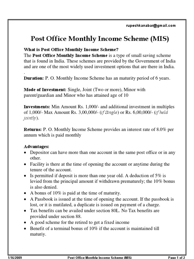 Post Office Monthly Income Scheme (MIS) | PDF | Deposit Account | Taxation