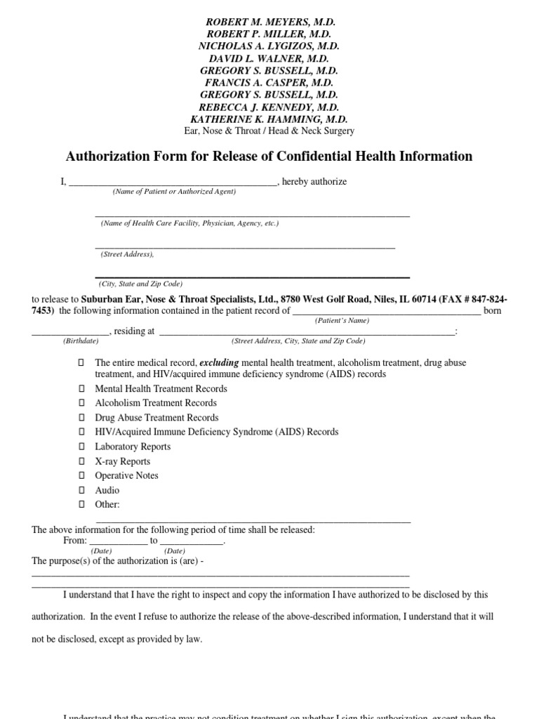 Authorization Form For Release of Confidential Health Information | PDF | Physician | Hiv/Aids