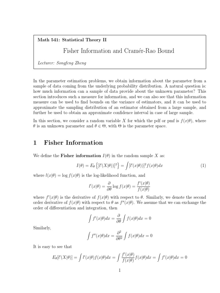 Fisher Information and Cram Er-Rao Bound: Lecturer: Songfeng Zheng | PDF | Estimator | Normal ...