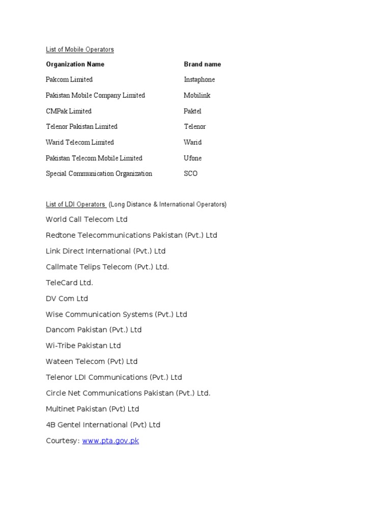 List of Mobile Operators - Absar | PDF