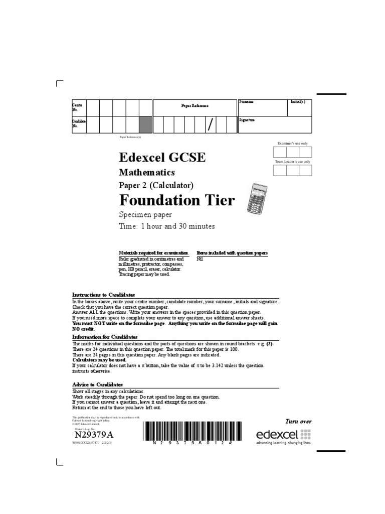GCSE Maths 306537 Linear Paper 2 Foundation (Specimen) | PDF | Test ...