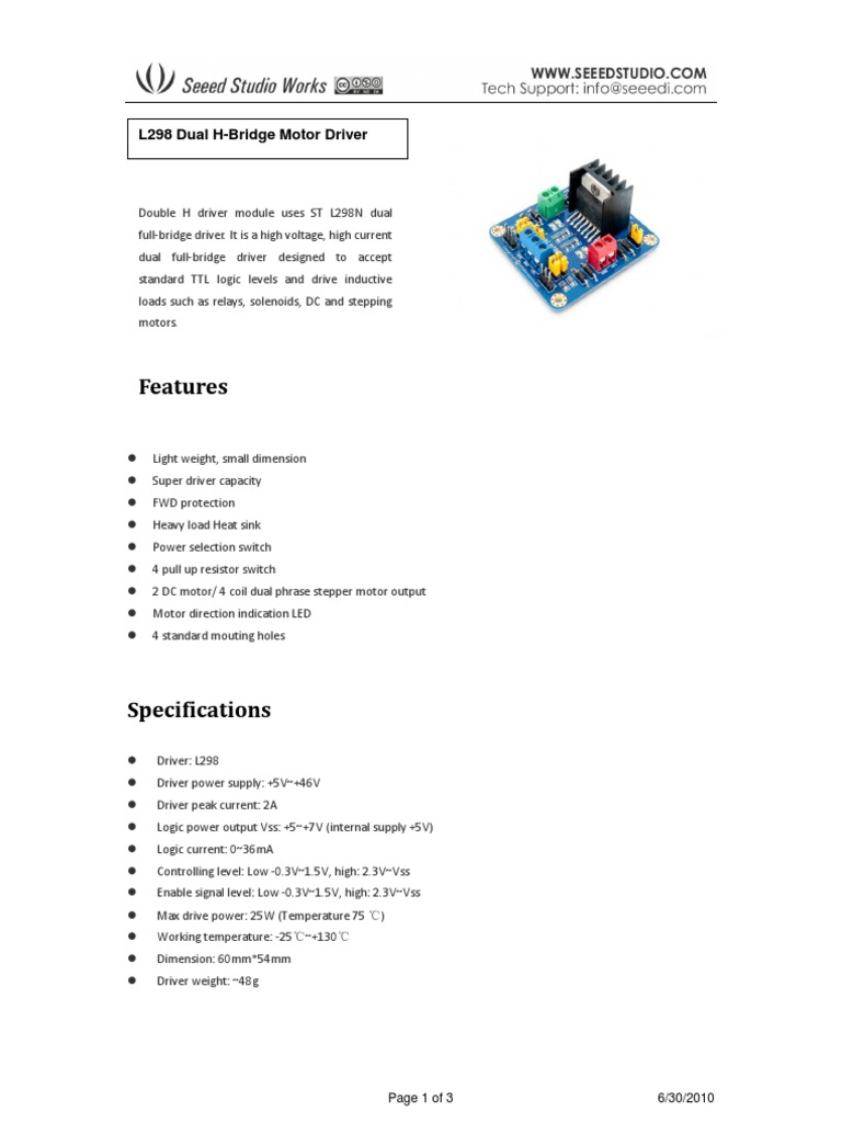 L298 Dual H-Bridge Motor Driver Datasheet | PDF | Electric Motor ...