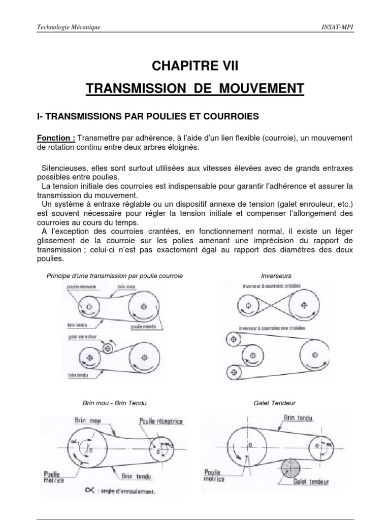 CHAPITRE 7 - Transmission Des Mouvements | PDF | Courroie | Ingénierie mécanique