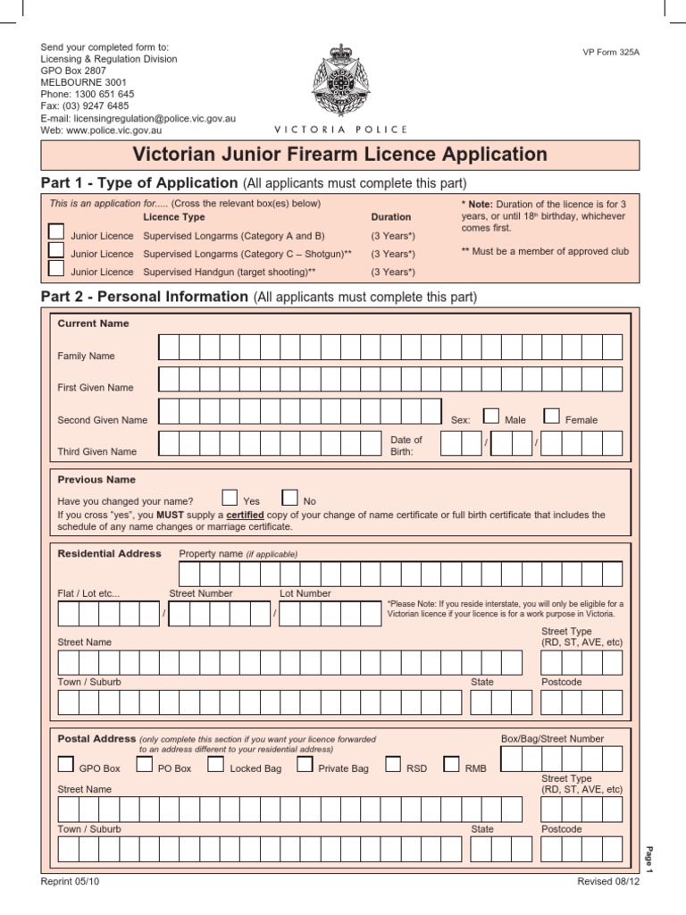 Victorian Junior Firearm Licence Application | PDF | Freedom Of ...