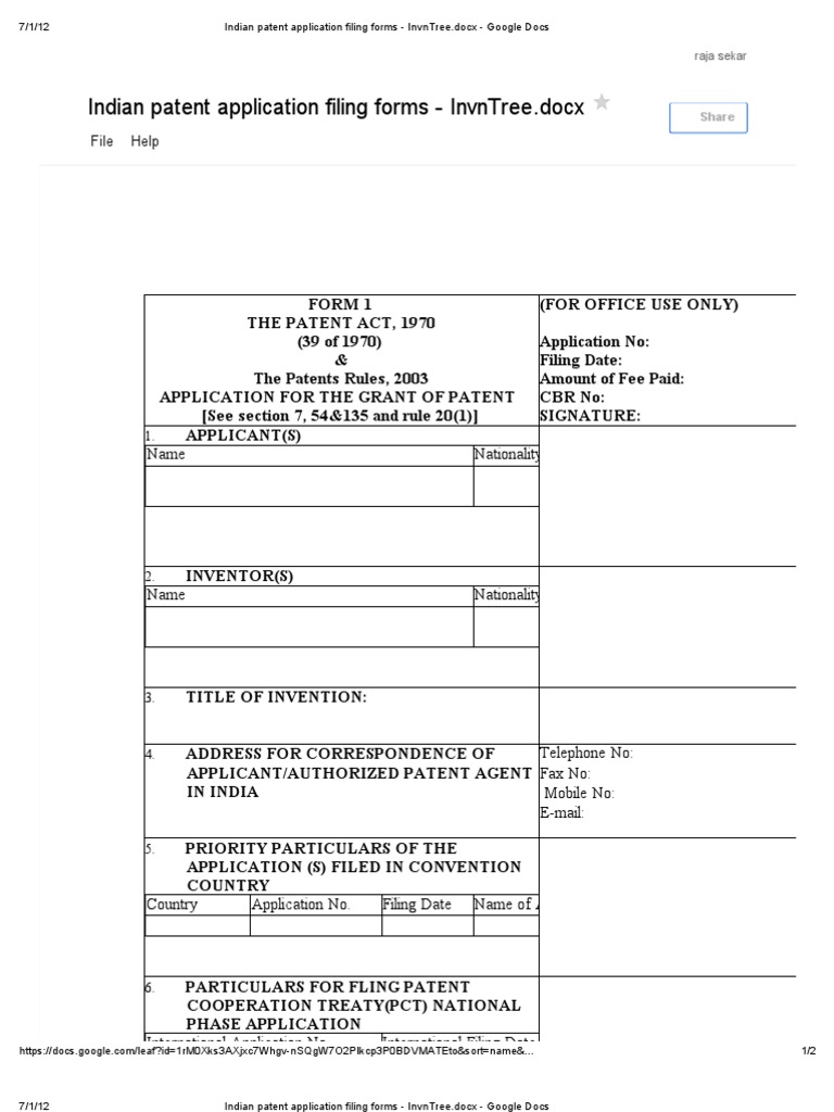 Indian Patent Application Filing Forms - InvnTree | PDF