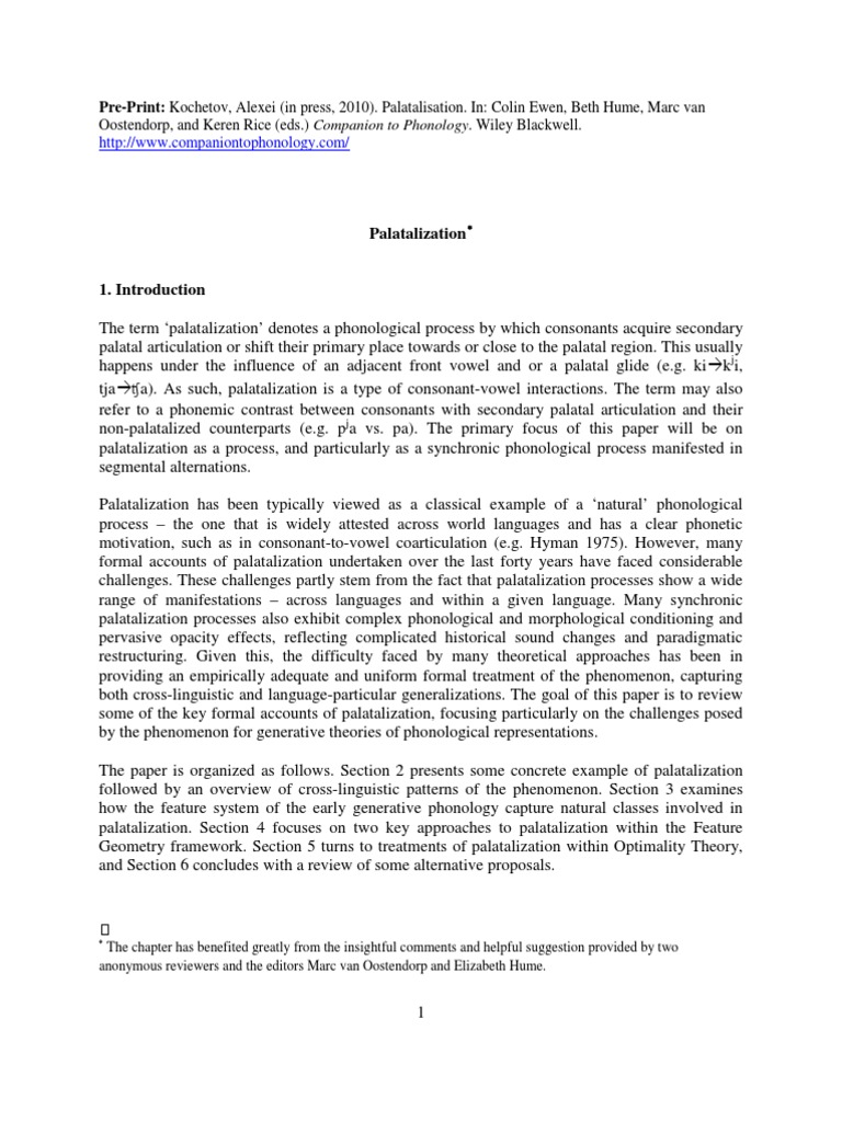 Palatalisation (Kochetov, Alexei) | PDF | Vowel | Phonology