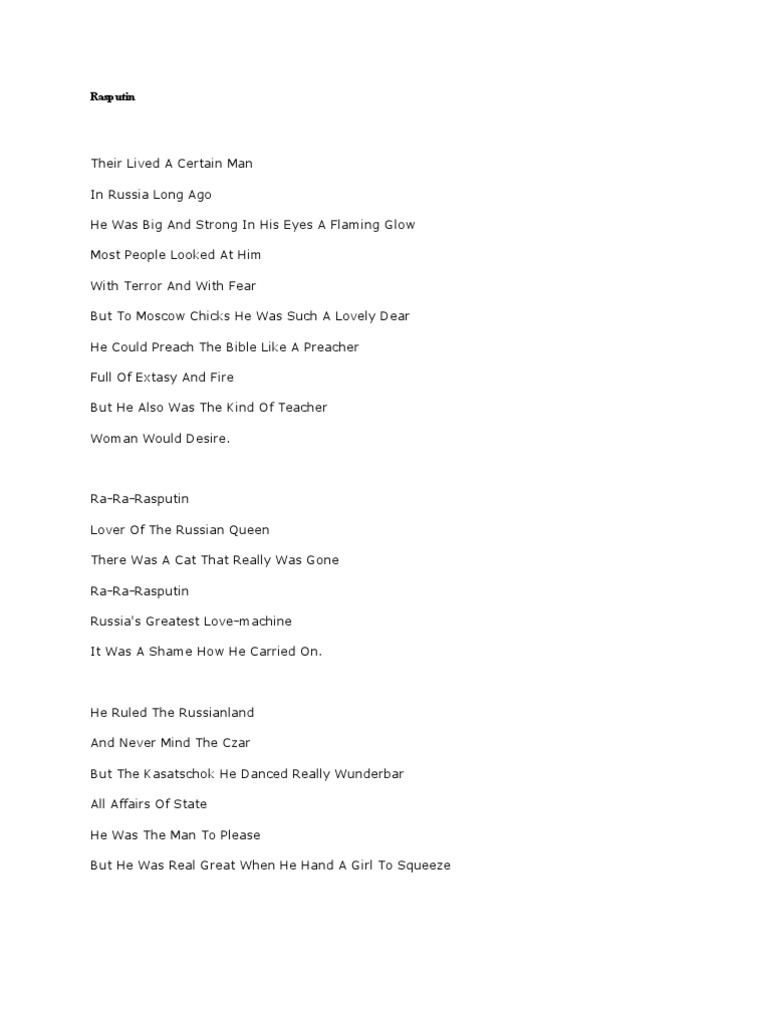 Rasputin by Boney M Lyrics | PDF