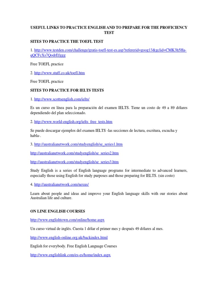 Useful Links To Practice English | PDF | English As A Second Or Foreign ...