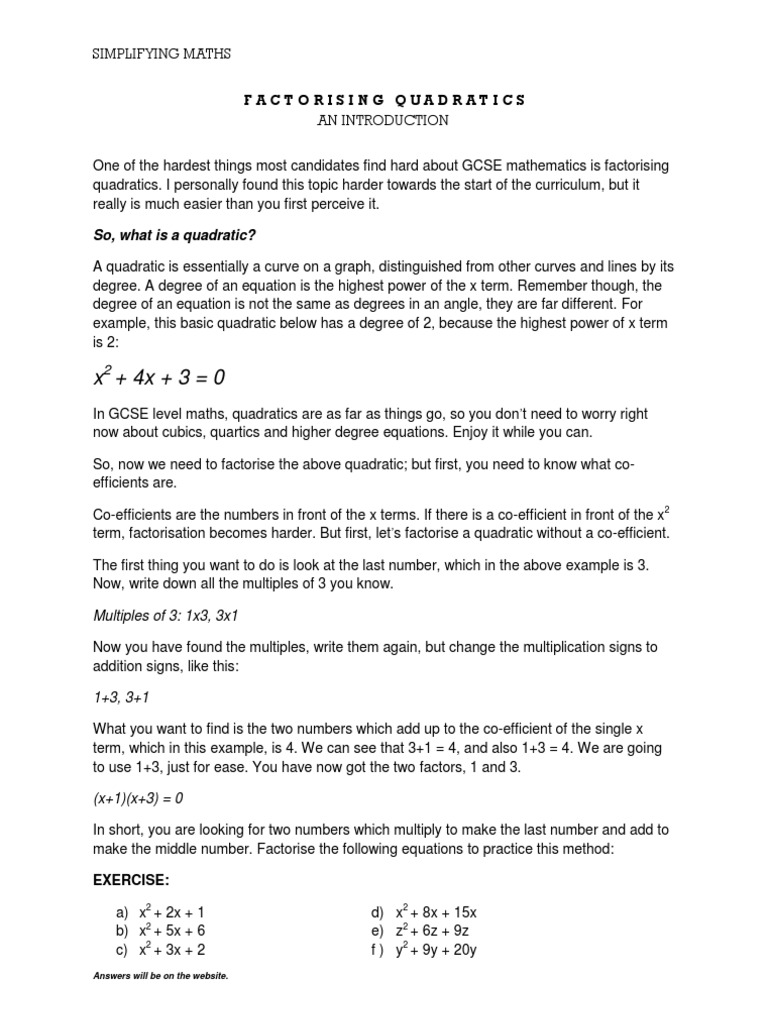 An Introduction To Factorising Quadratics | PDF