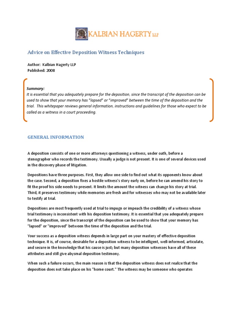 Advice On Effective Deposition Witness Techniques | PDF | Deposition ...