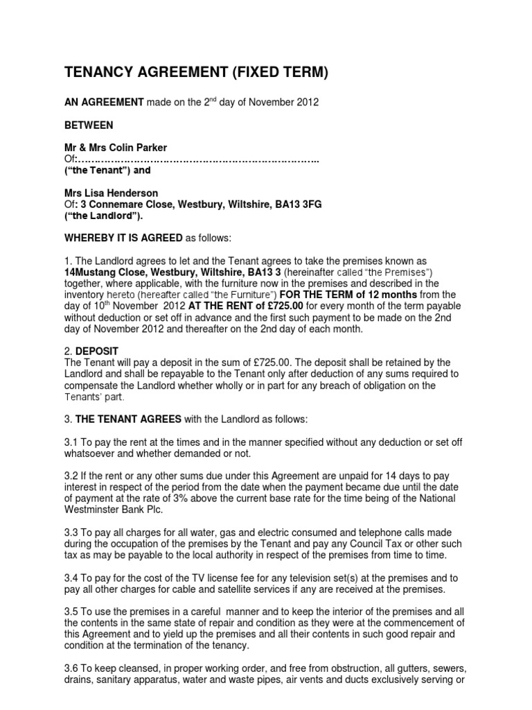 Tenancy Agreement (Fixed Term) | PDF | Leasehold Estate | Landlord