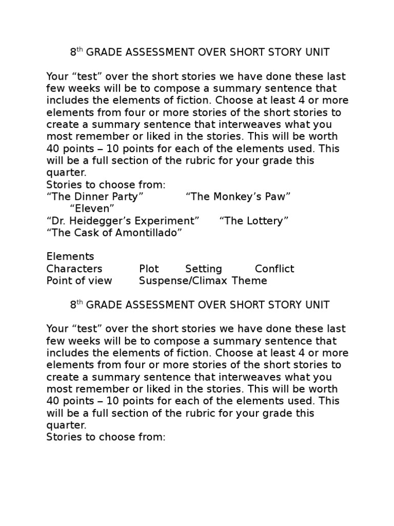 8th Grade Short Story Assessment Guide | PDF