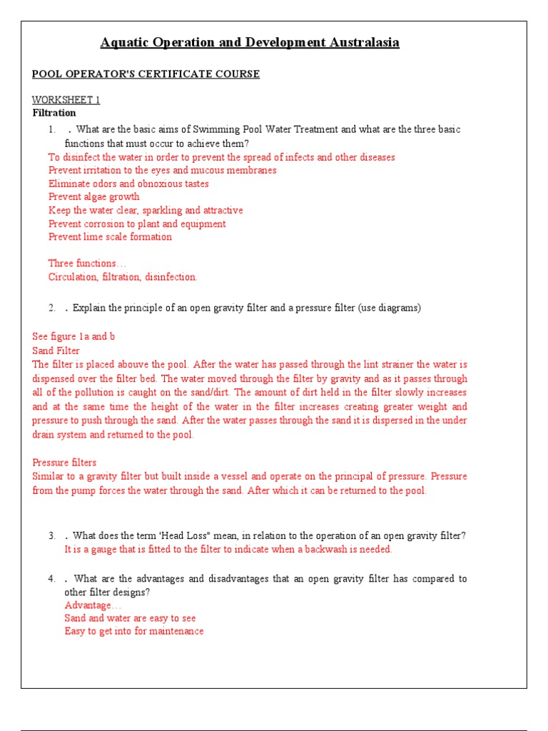 AODA Work Sheet Exams | PDF | Chlorine | Filtration