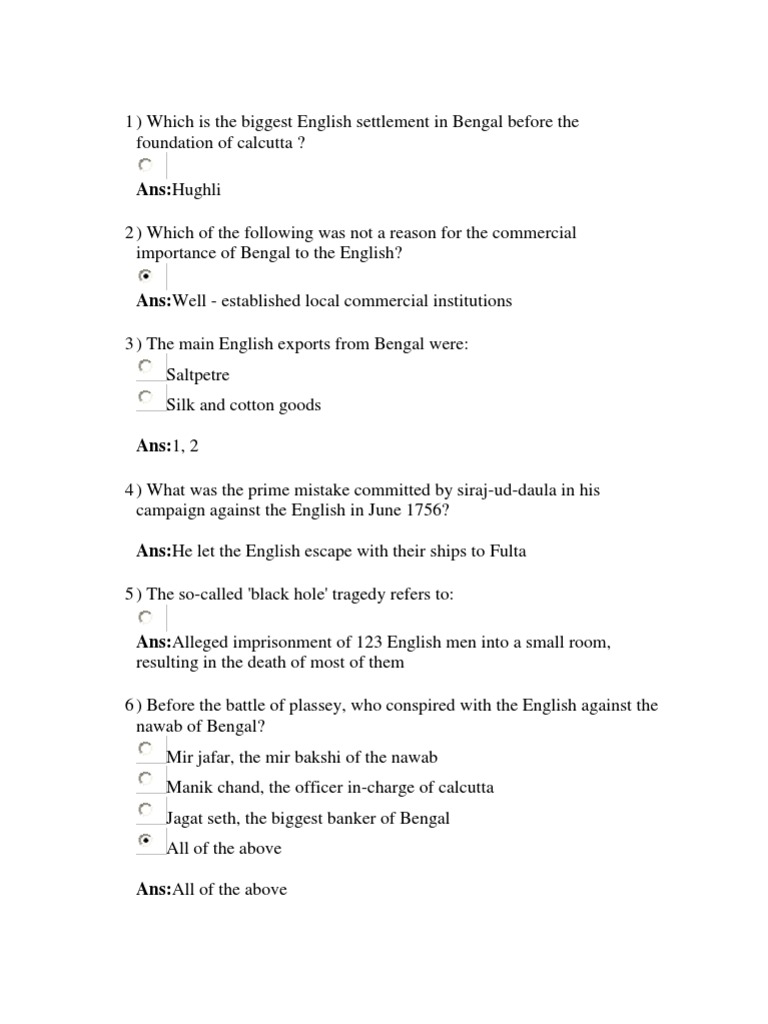 Bengal's Colonial History Quiz | PDF | British India | Bangladesh