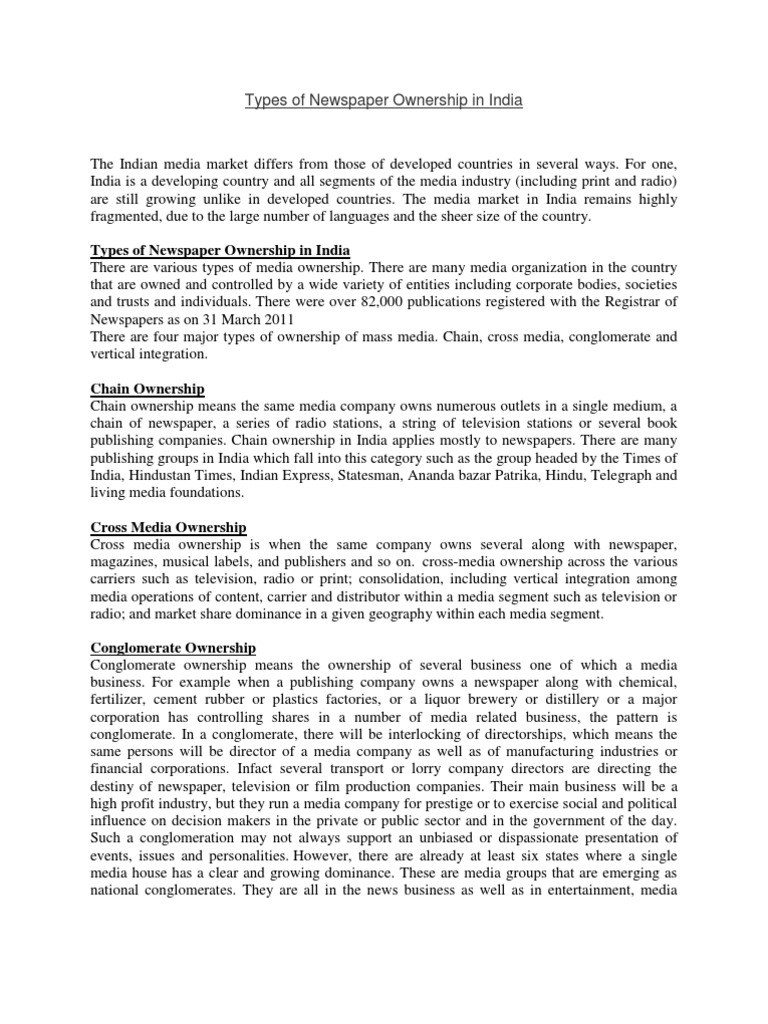 Types of Newspaper Ownership in India | PDF | Mass Media | Newspapers