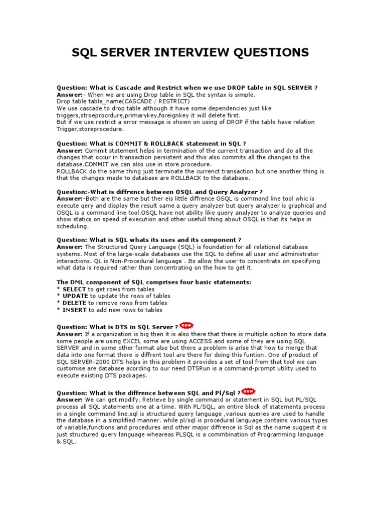 Sql Server Interview Questions Pdf Relational Database Microsoft Sql Server
