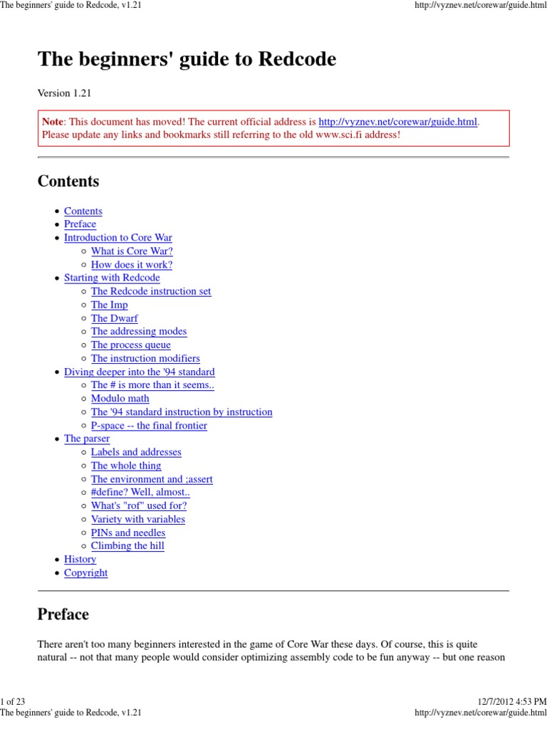 The Beginners' Guide To Redcode, V1.21 | PDF | Instruction Set | C (Programming Language)