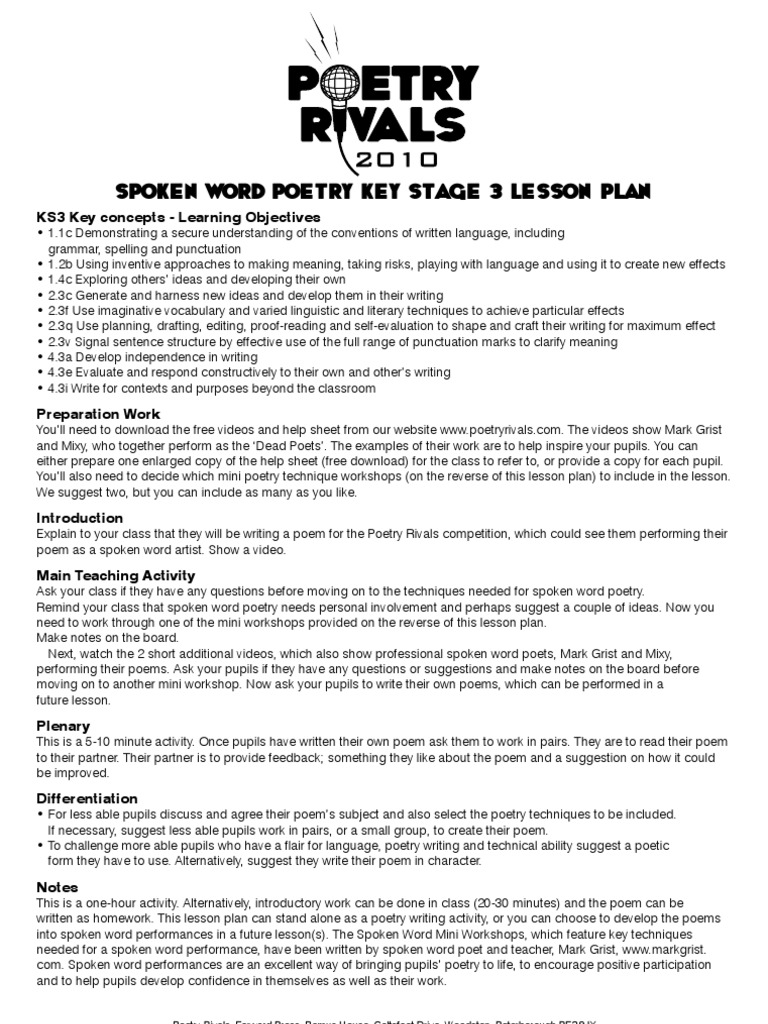 KS3 Spoken Word Lesson Plan | Poetry | Lesson Plan