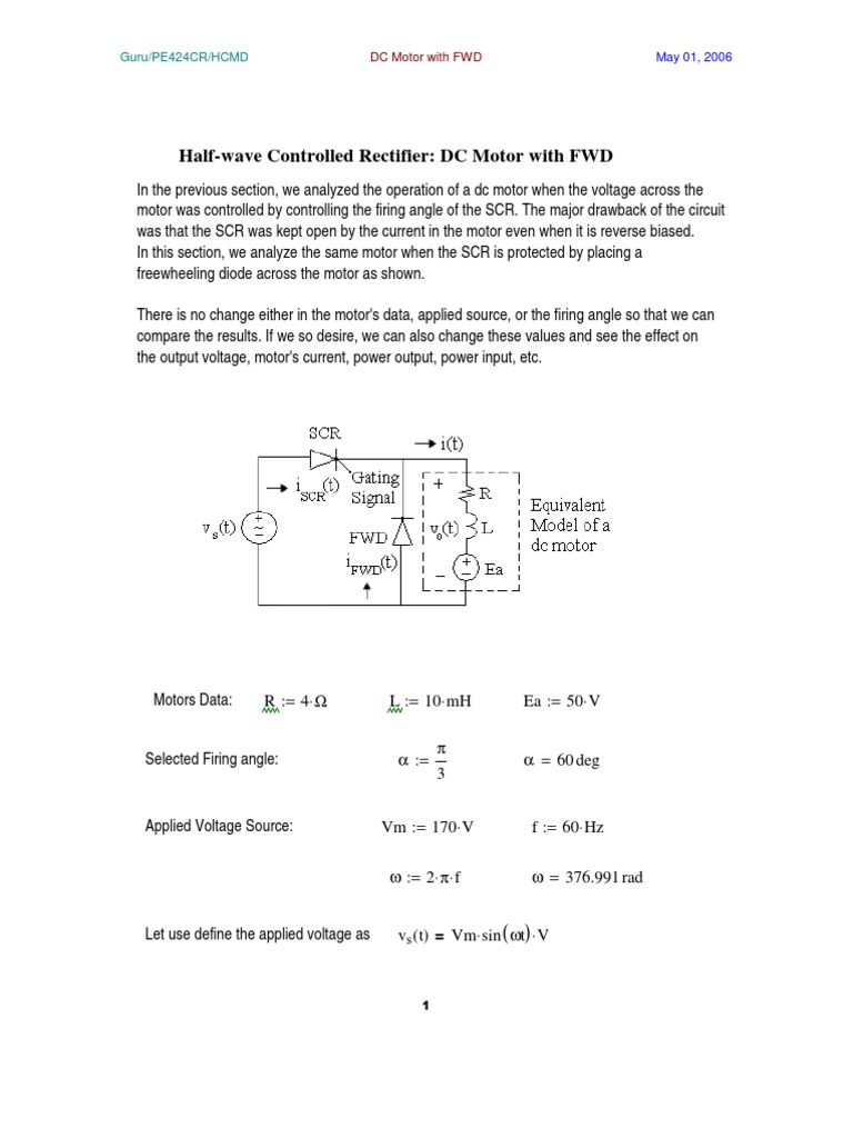 Half-Wave Controlled Rectifier DC Motor With FWD | PDF | Rectifier | Physical Quantities