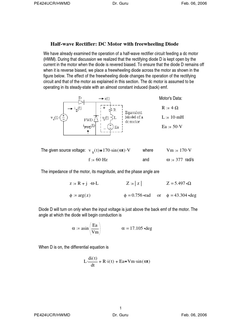 Half-Wave Rectifier DC Motor With Freewheeling Diode | PDF | Rectifier ...