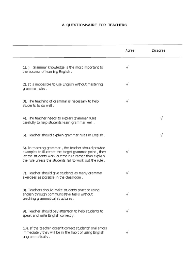 A Questionnaire For Teachers | PDF | Grammar | Teachers