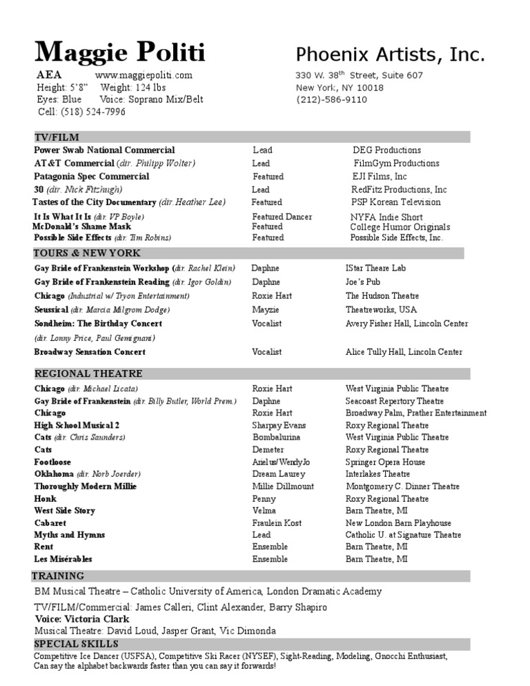 Maggie Politi: Actress & Vocalist Resume | PDF | Art
