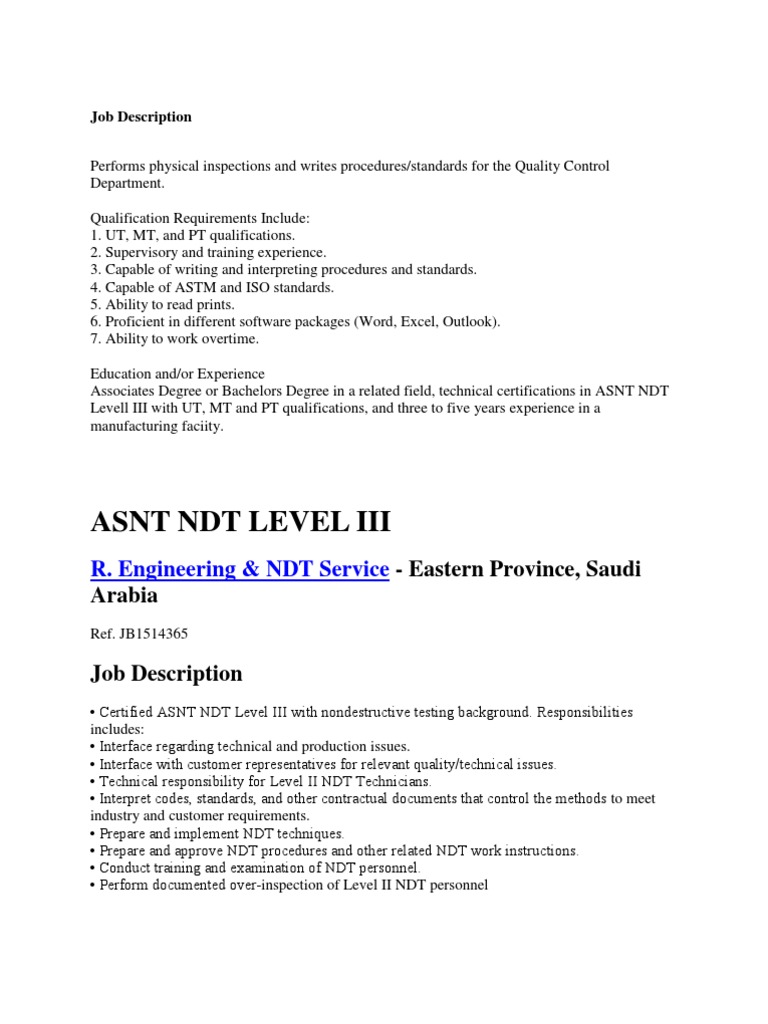 NDT Level III Job Description | Nondestructive Testing | Competence ...
