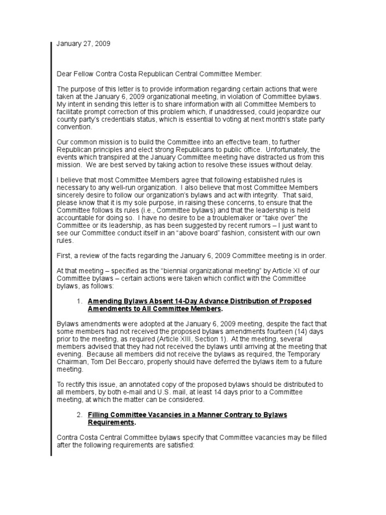 Letter to Committee Members 1-27-09.Pages | By Law | Board Of Directors ...