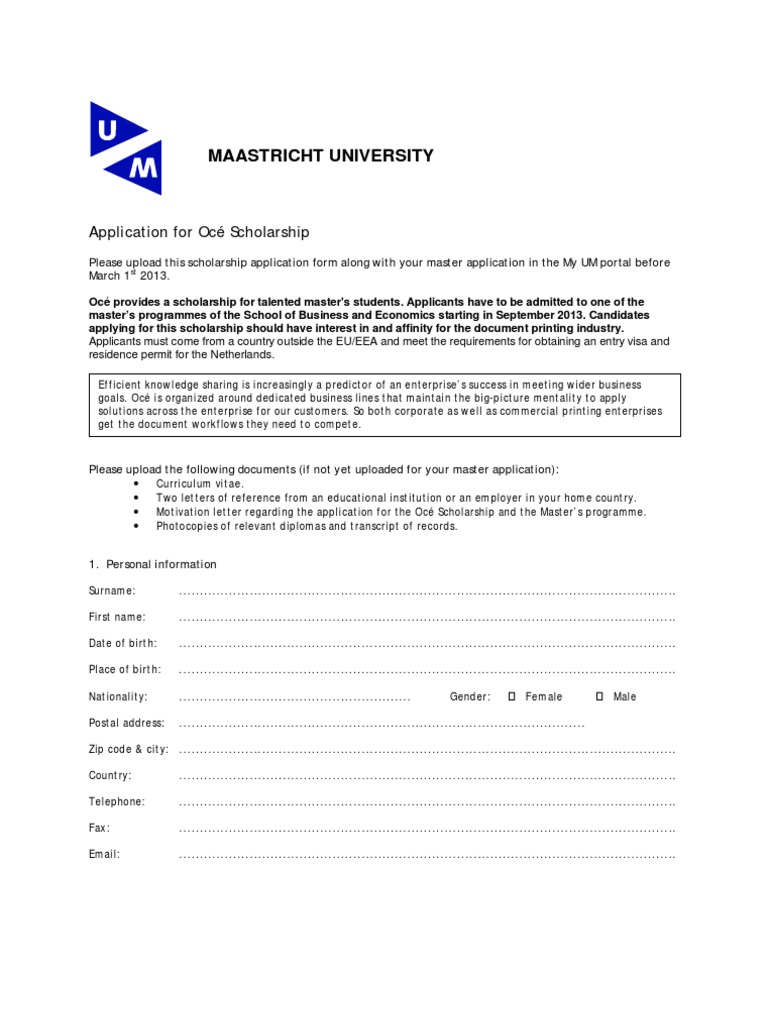 1 Application Form Océ Scholarship 2013-2014 | PDF