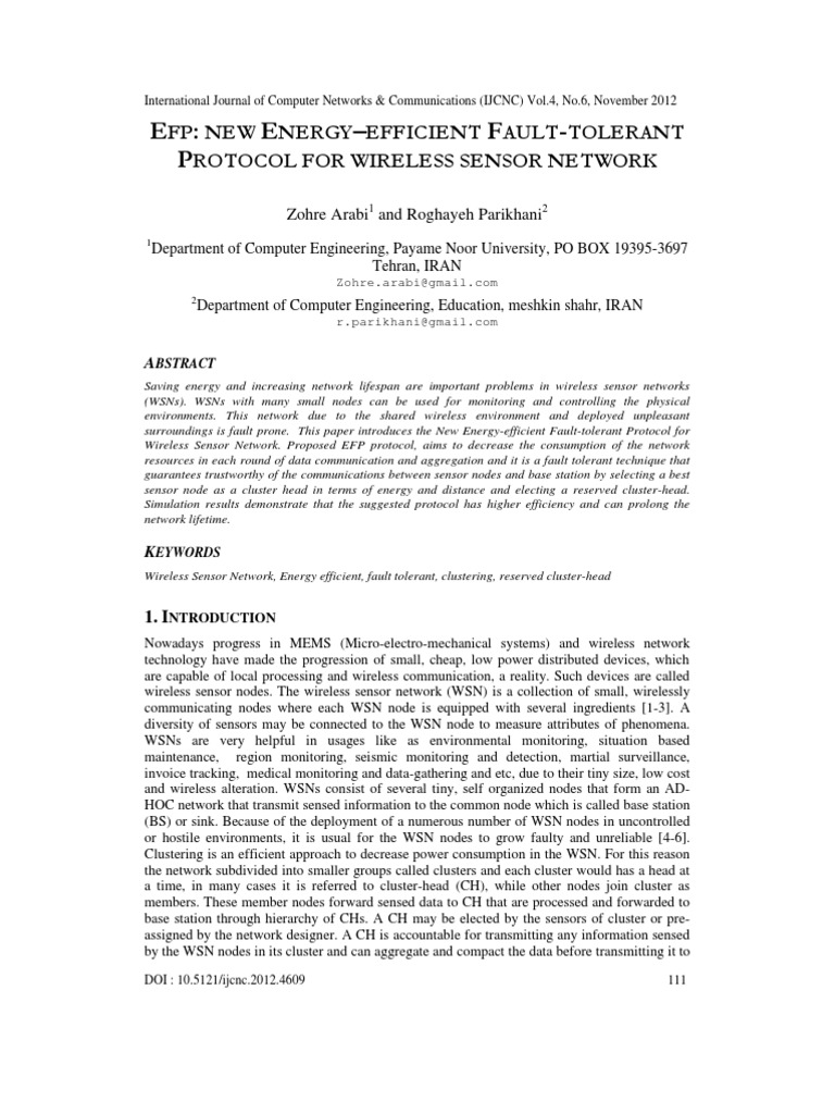 Efp New Energy Efficient Fault Tolerant Protocol For Wireless Sensor Network Pdf Wireless 1837
