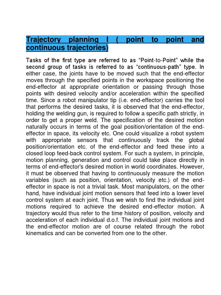 Trajectory Planning I (Point To Point and Continuous Trajectories) | PDF