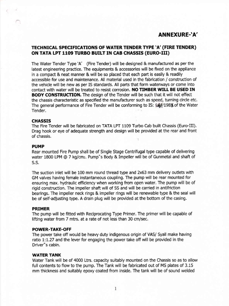 Fire Tender Specifications | PDF | Sheet Metal | Fire Engine