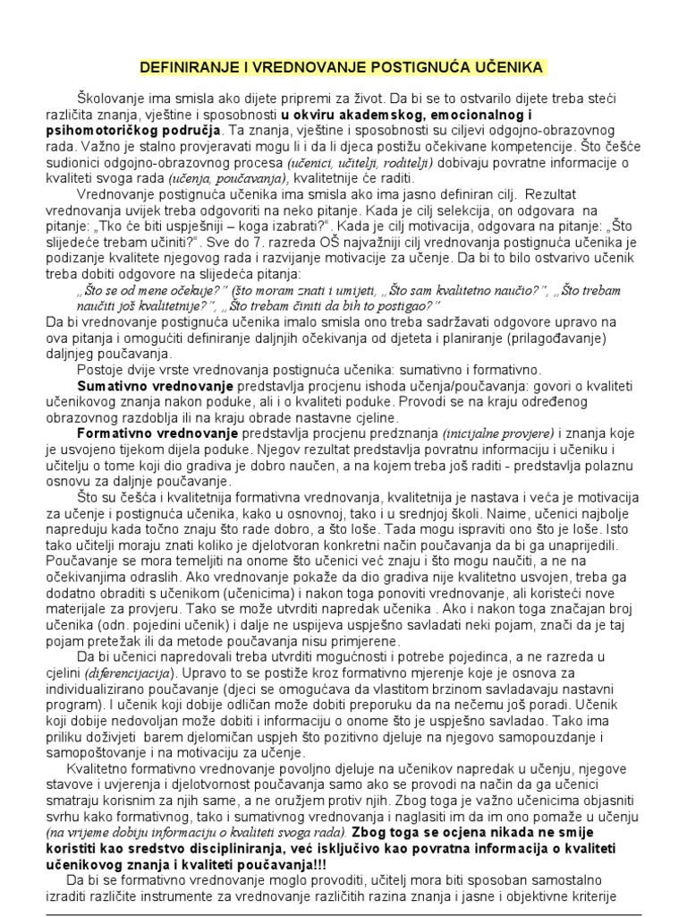 Definiranje I Vrednovanje Postignuca Ucenika | PDF