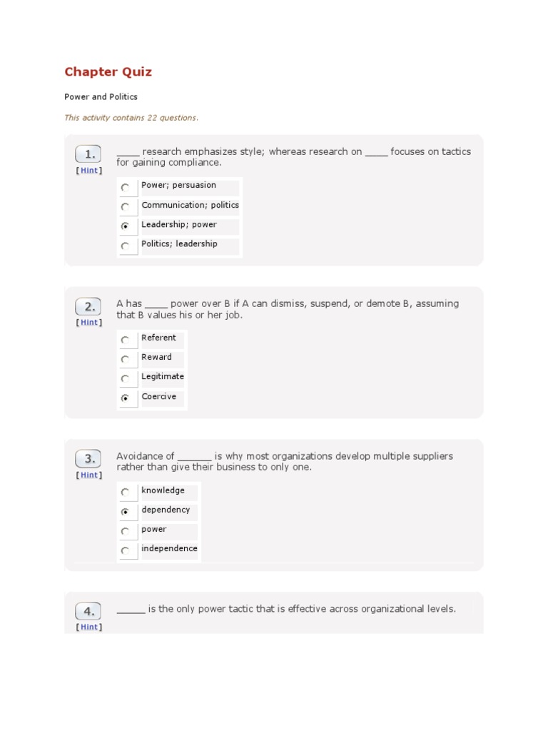 Chapter Quiz Power and Politcs | PDF | Power (Social And Political ...
