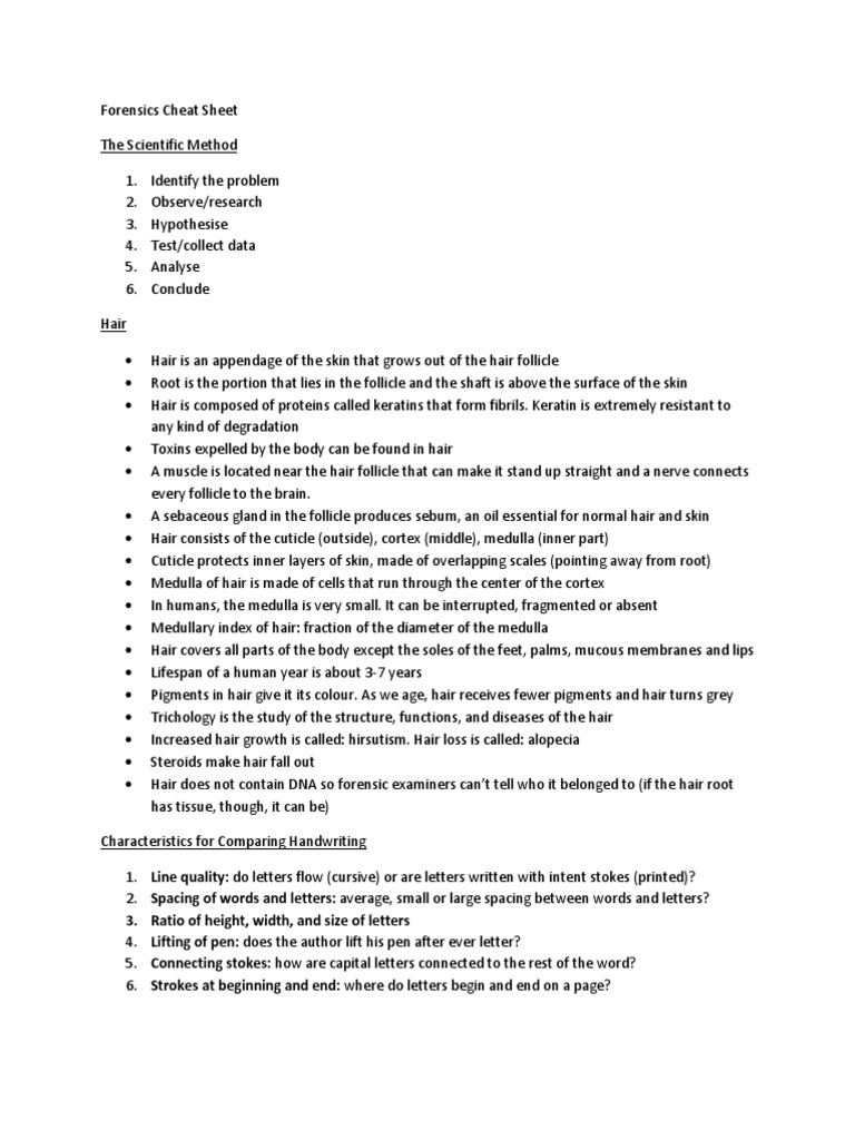 Forensics Cheat Sheet | Hair | Crime Scene