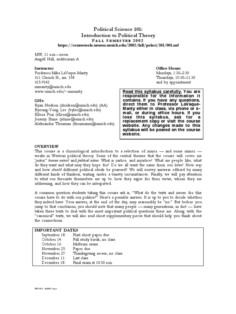 Political Science 101: Introduction To Political Theory: ALL Emester ...