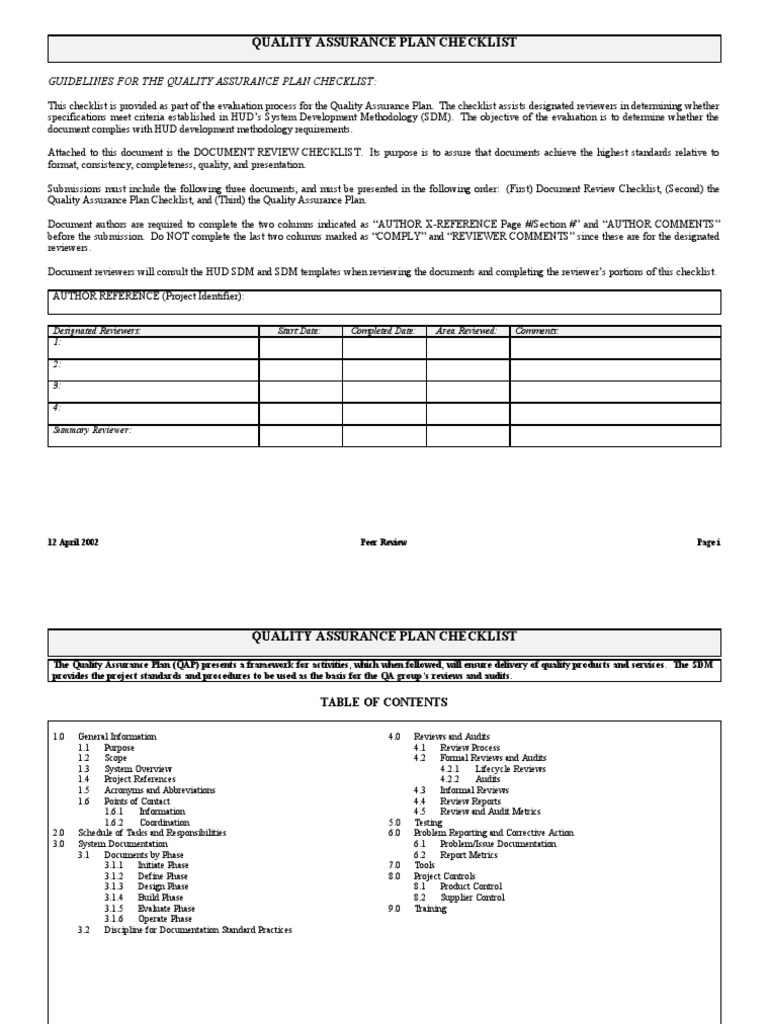 Quality Assurance Plan Template Sample