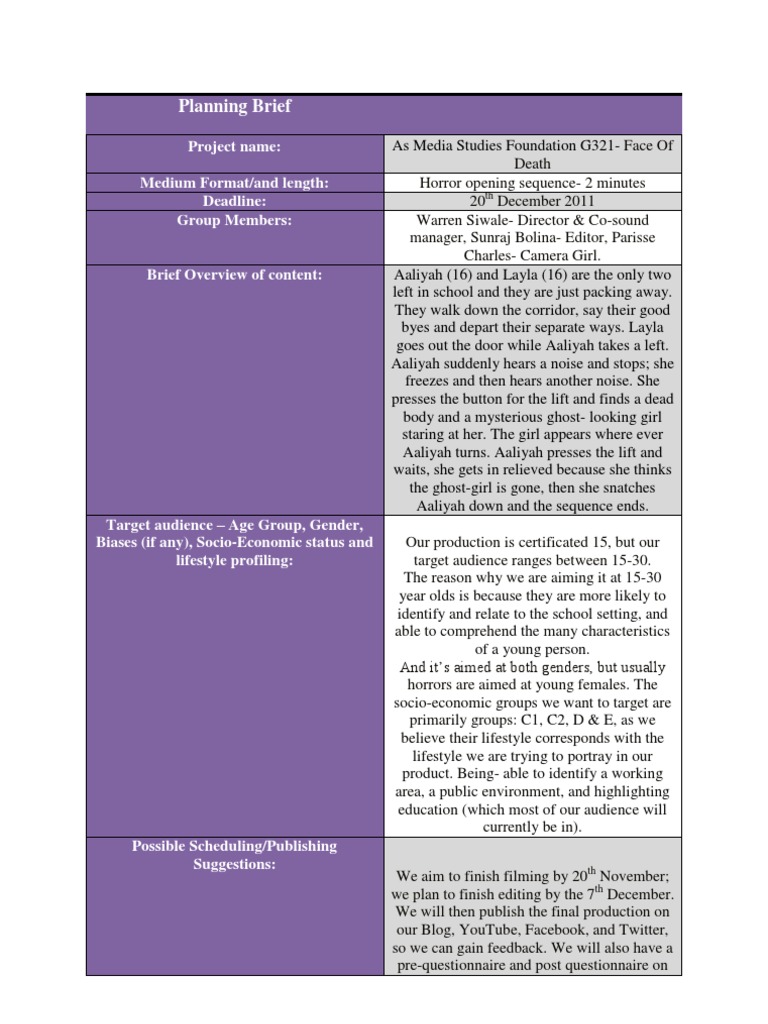 Planning Brief: Project Name: Medium Format/and Length: Deadline: Group ...