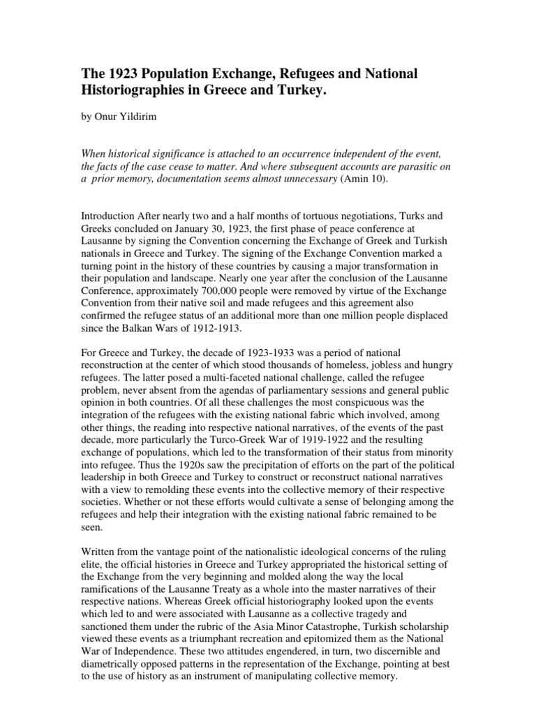 The 1923 Population Exchange, Refugees and National Historiographies in ...