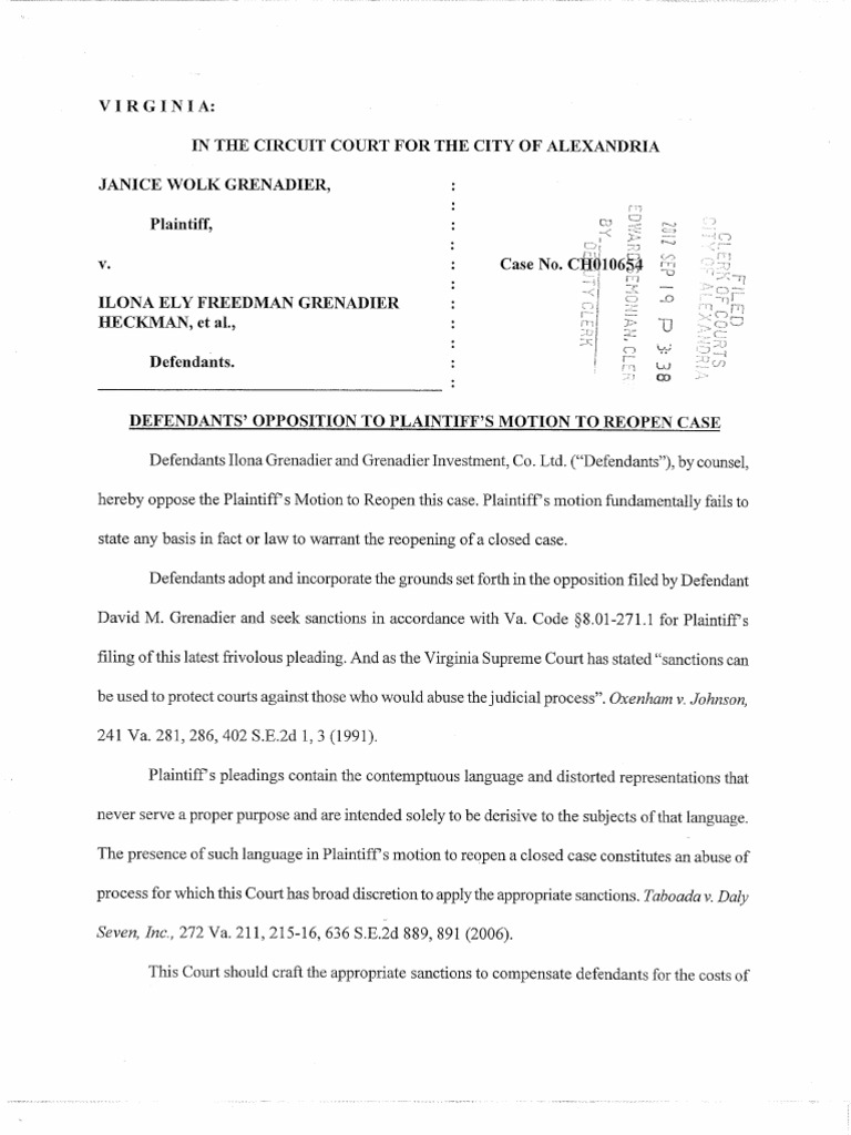 Defs' Opp Motion To Reopen Case | PDF | Lawsuit | Pleading