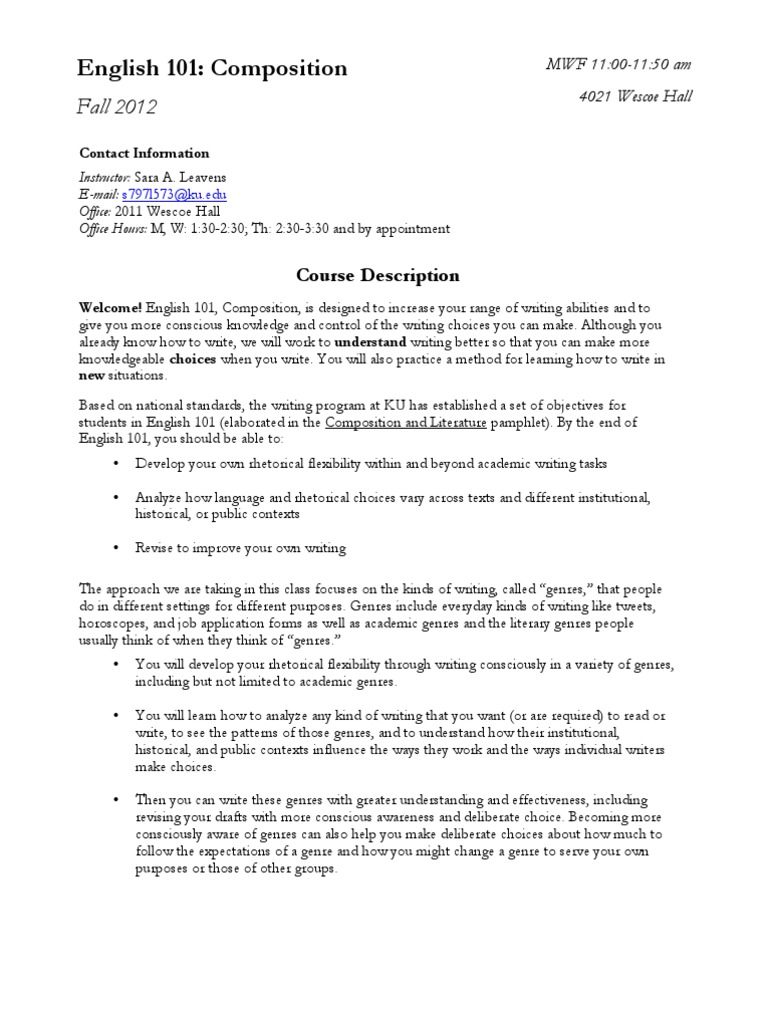 English 101: Composition: Fall 2012 | PDF | Genre | Academic Dishonesty