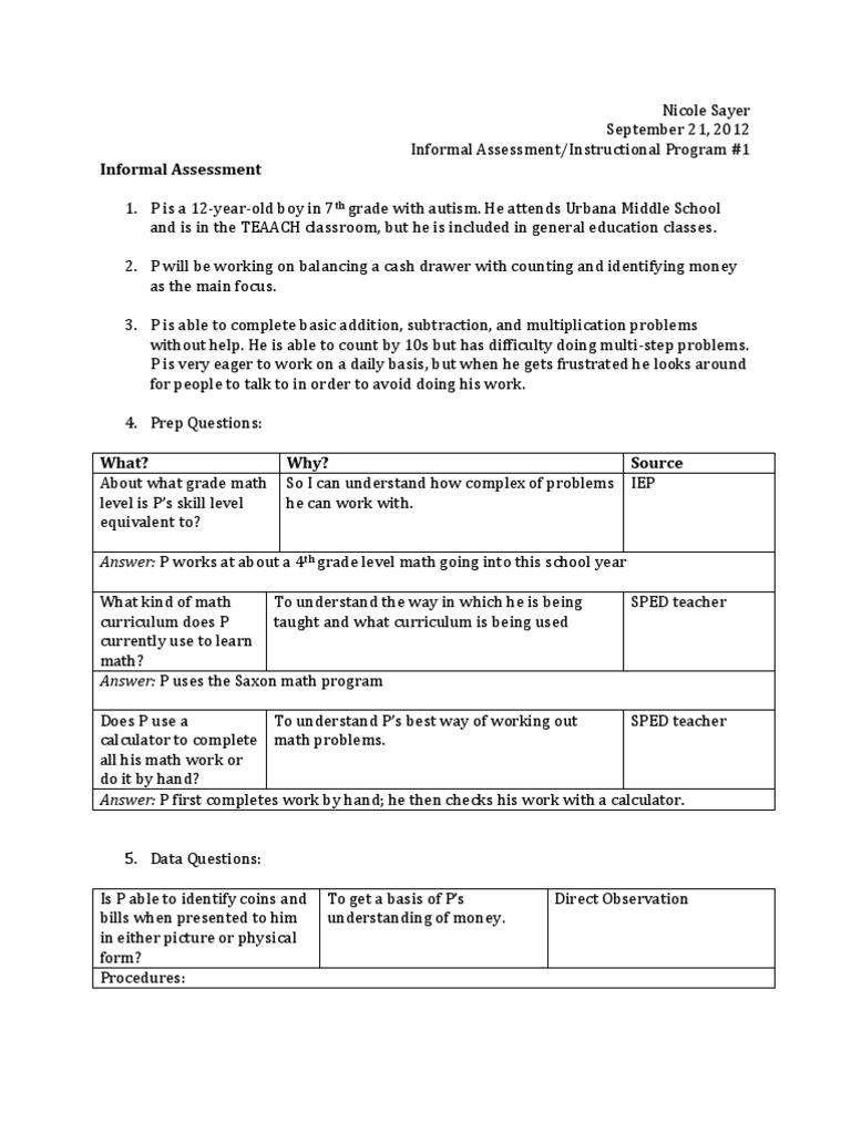 Informal Assessment: Answer: P Works at About A 4 | PDF | Cognition