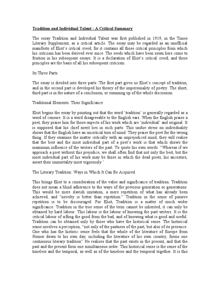 Eliot's Tradition and Individual Talent Explained | PDF | T. S. Eliot ...