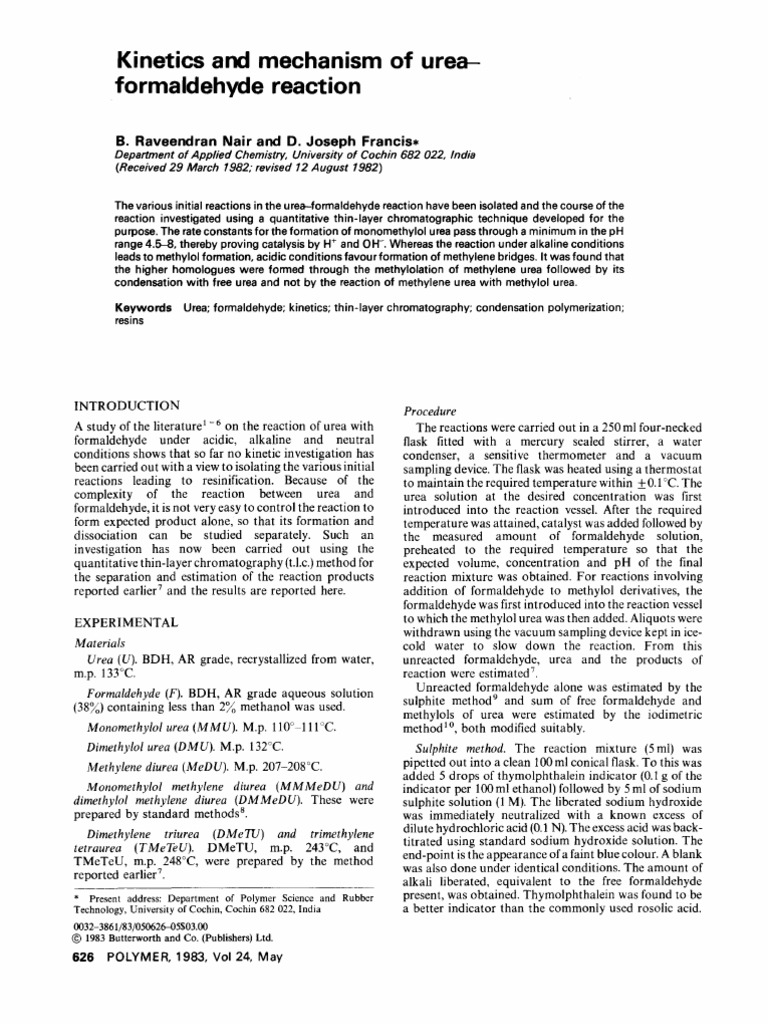 Urea-Formaldehyde Reaction Kinetics | PDF | Urea | Chemical Reactions