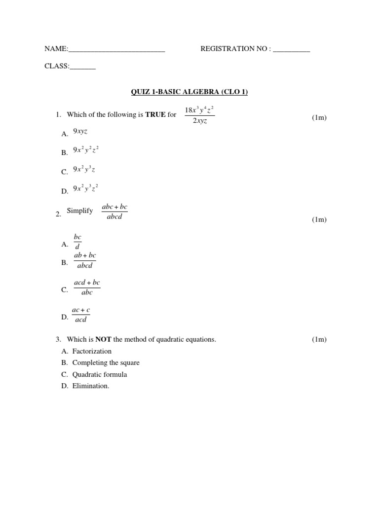 7th Grade Basic Algebra Quiz | PDF