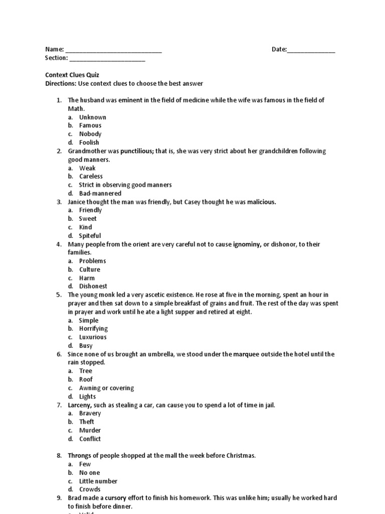 Context Clues Quiz | PDF